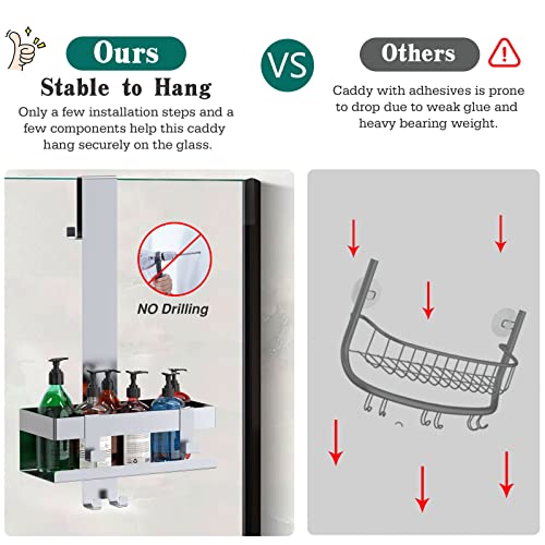 Emibele Shower Caddy Stainless Steel Hanging Glass Shower Shelf with Hooks, No Drilling Shower Basket Lotion Towel Holder for Bath Glass Door, Silver