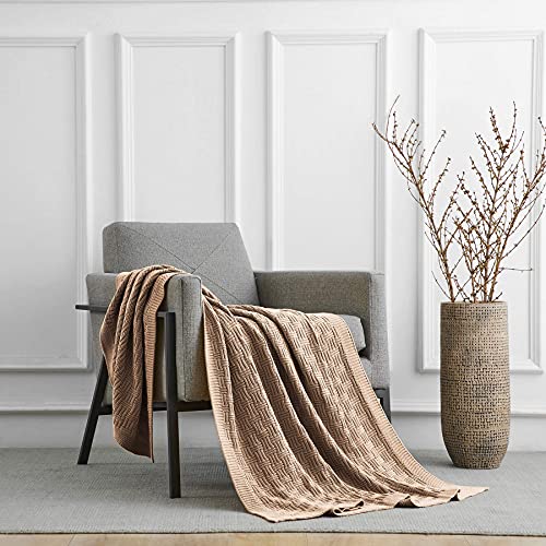 Cotton Khaki Cable Knit Throw Blanket for Couch Sofa Bed with Bonus Laundering Bag – Large 60 x 80 Thick, 3.4 LB, Machine Washable, Comfortable Home Décor