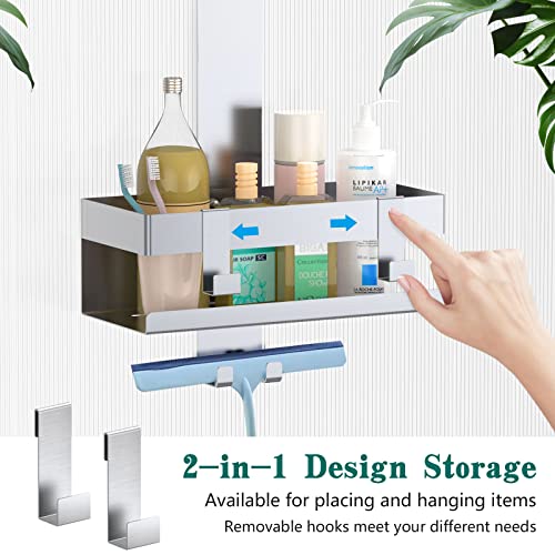 Emibele Shower Caddy Stainless Steel Hanging Glass Shower Shelf with Hooks, No Drilling Shower Basket Lotion Towel Holder for Bath Glass Door, Silver