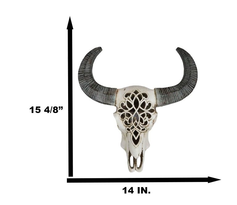 Ebros 16.5" Tall Southwest Aged Bone Tooled Filigree Lace Design Steer Bison Buffalo Bull Cow Horned Skull Head Night Light Lamp LED Wall Decor Plaque Skulls Western Accent Lighting
