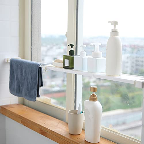 LIYIVNAA Expanding Narrow Closet Shelf Tension Rod Slim Cupboard Divider Hanger Adjustable Cabinet Organization Storage Rack Windowsill Bathroom Shelving Unit for Small Space - White
