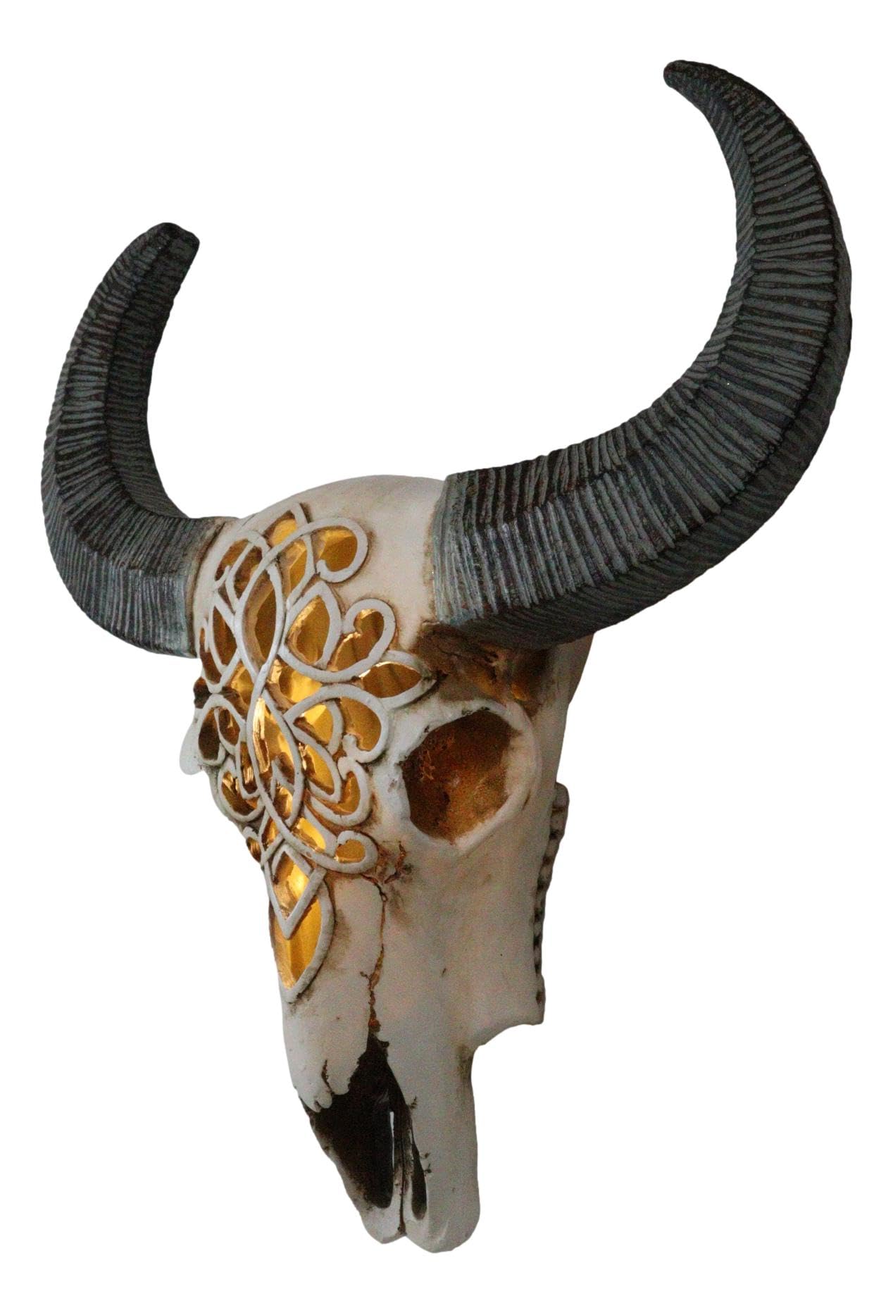 Ebros 16.5" Tall Southwest Aged Bone Tooled Filigree Lace Design Steer Bison Buffalo Bull Cow Horned Skull Head Night Light Lamp LED Wall Decor Plaque Skulls Western Accent Lighting