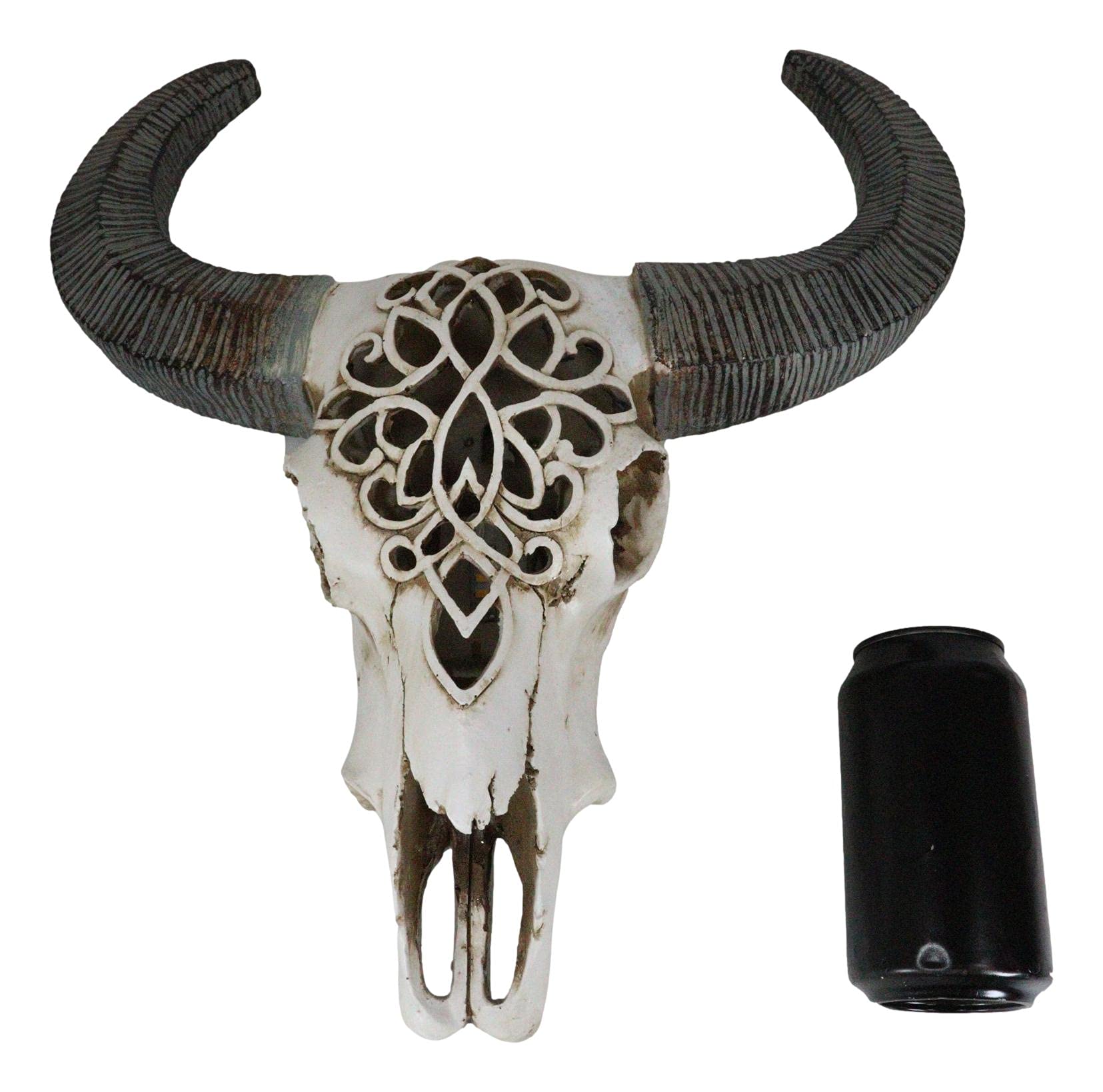Ebros 16.5" Tall Southwest Aged Bone Tooled Filigree Lace Design Steer Bison Buffalo Bull Cow Horned Skull Head Night Light Lamp LED Wall Decor Plaque Skulls Western Accent Lighting