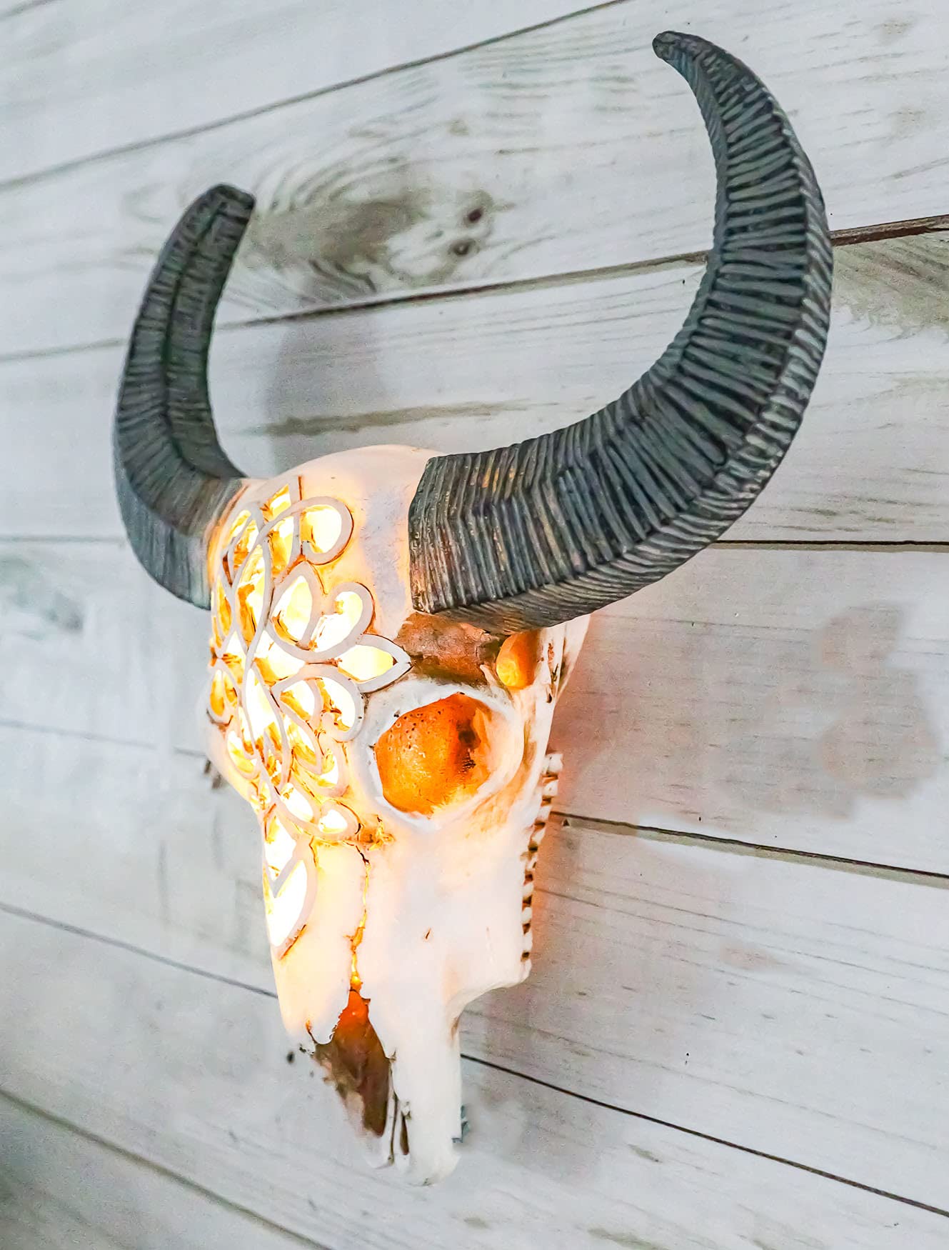 Ebros 16.5" Tall Southwest Aged Bone Tooled Filigree Lace Design Steer Bison Buffalo Bull Cow Horned Skull Head Night Light Lamp LED Wall Decor Plaque Skulls Western Accent Lighting