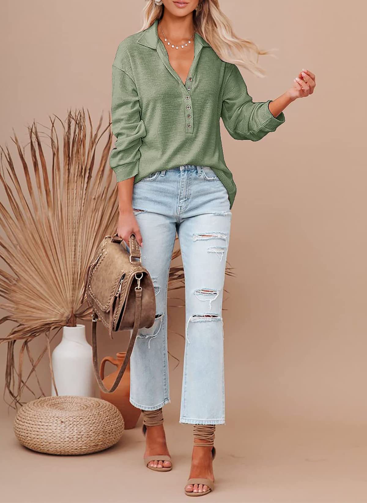 BTFBM Women Casual Button Down Fall Blouses 2025 Long Sleeve Solid Business Work Tops Cute Relaxed Fit Shirts(Solid Light Green, Medium)