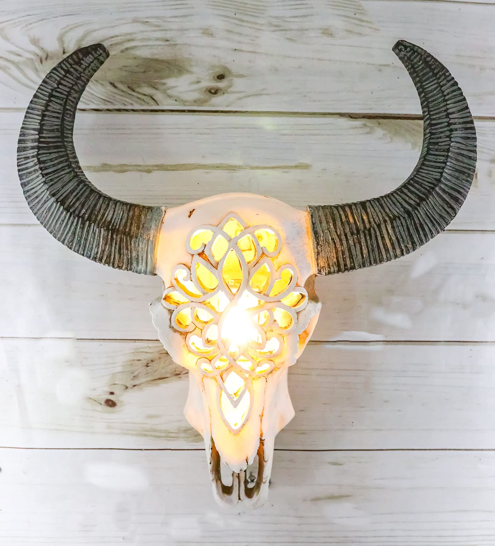 Ebros 16.5" Tall Southwest Aged Bone Tooled Filigree Lace Design Steer Bison Buffalo Bull Cow Horned Skull Head Night Light Lamp LED Wall Decor Plaque Skulls Western Accent Lighting