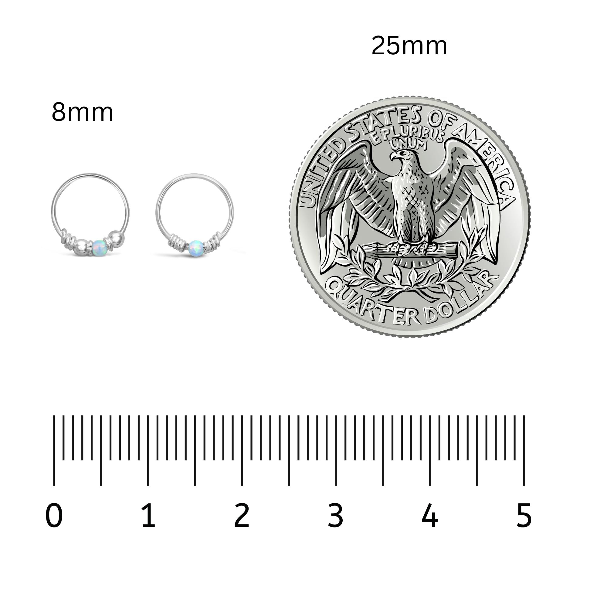 Handmade Silver 2Pcs 9MM Nose Ring Cartilage Helix Piercing Hoops with 2mm Blue Opal, 925 Sterling Silver Tiny 9MM Thin 22Gauge Hoop for women, by MiYa Jewelry