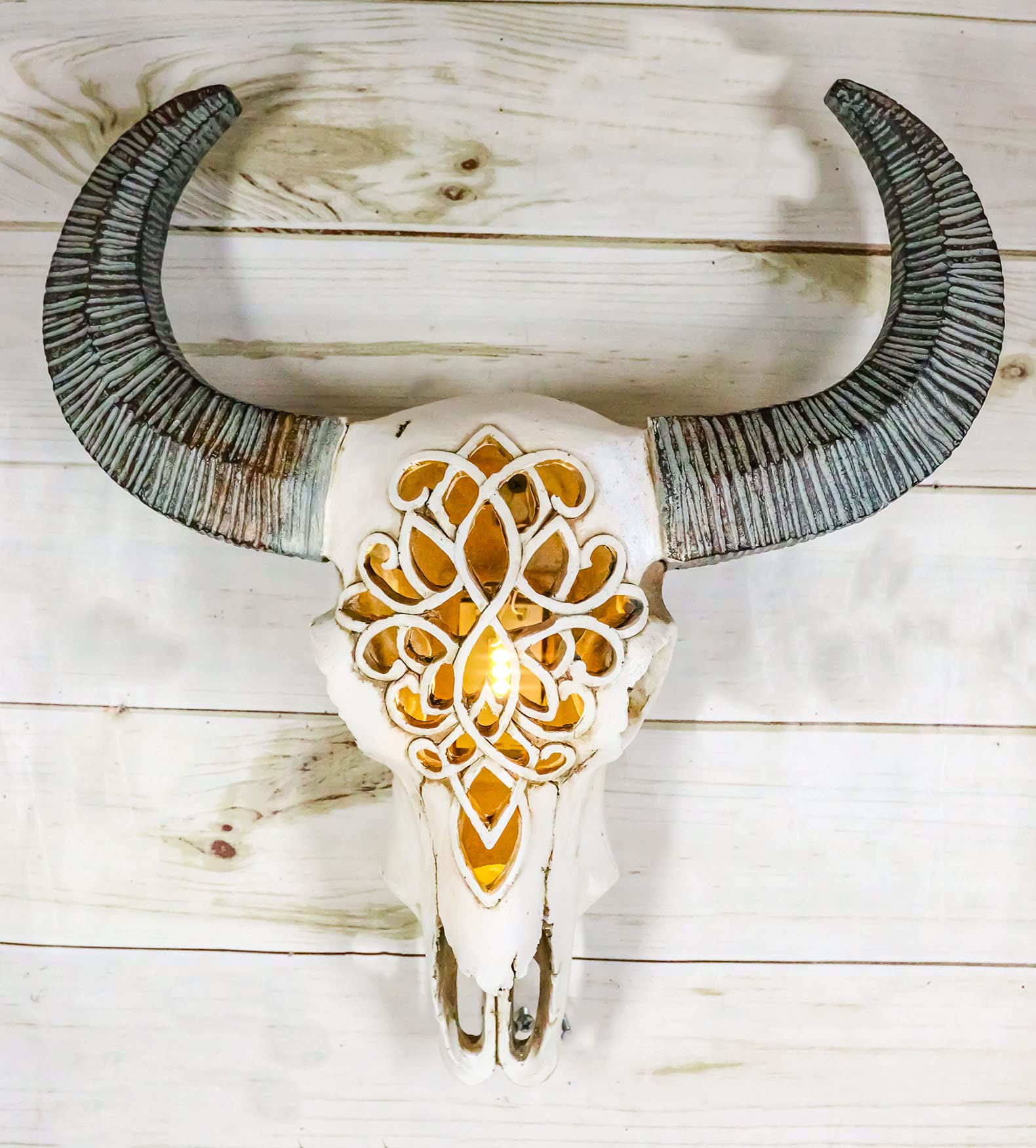 Ebros 16.5" Tall Southwest Aged Bone Tooled Filigree Lace Design Steer Bison Buffalo Bull Cow Horned Skull Head Night Light Lamp LED Wall Decor Plaque Skulls Western Accent Lighting