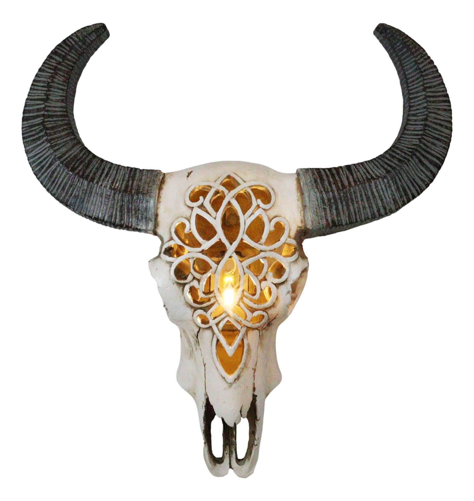Ebros 16.5" Tall Southwest Aged Bone Tooled Filigree Lace Design Steer Bison Buffalo Bull Cow Horned Skull Head Night Light Lamp LED Wall Decor Plaque Skulls Western Accent Lighting