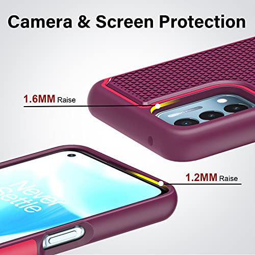 NTZW for OnePlus Nord N200 5G Case: Heavy Duty Shockproof Protective Phone Case [2 Tempered Glass Screen Protector] Anti-slip Textured Hard Cover + Soft Silicone Bumper, Military Armor Case - Burgundy