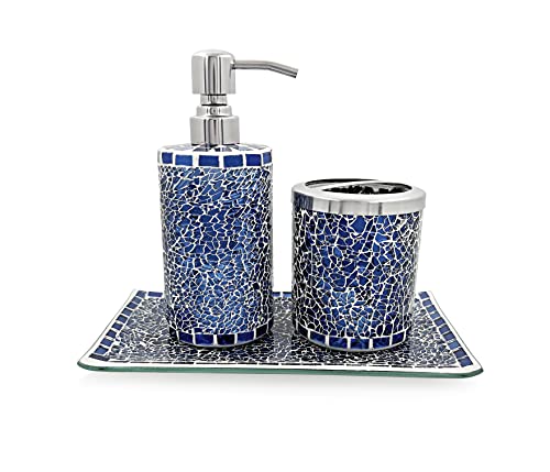 LushAccents Bathroom Accessories Set, 5-Piece Decorative Glass Bathroom Accessories Set, Soap Dispenser, Soap Tray, Vanity Tray, Jar, Toothbrush Holder, Elegant Midnight Blue Mosaic Glass
