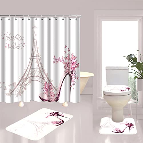 Amagical Paris Eiffel Tower Decor 16 Piece Bathroom Mat Rug Set Shower Curtain Set High Heeled Shoes and Pink Flower in Paris Pattern Bath Mat + Contour Mat + Toilet Cover + Shower Curtain + 12 Hooks