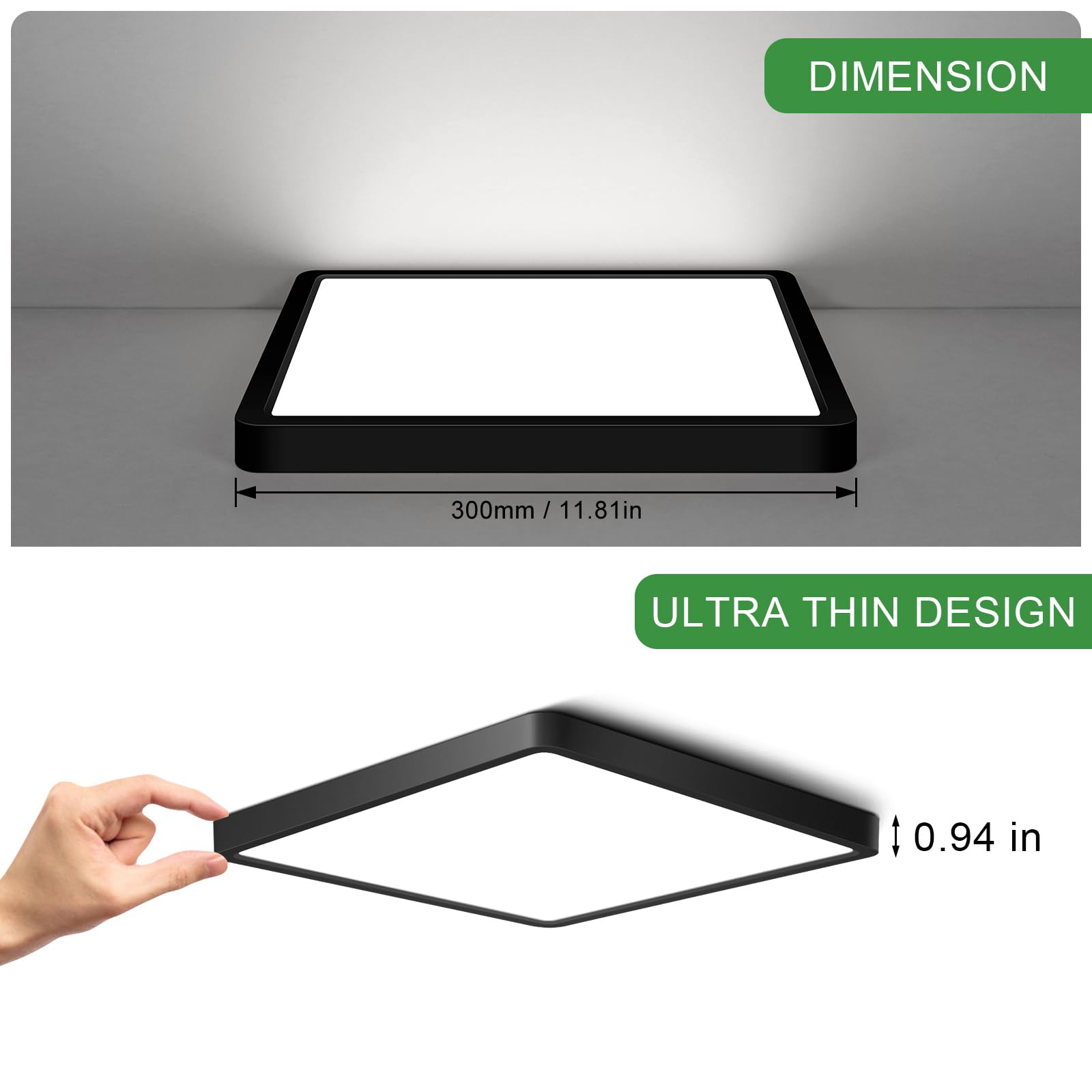 12Inch 24W Square LED Ceiling Light Fixtures Flush Mount, 5000K Daylight White LED Ceiling Lamp, Surface Mount Modern Ceiling Lights, Black Slim Flat Panel Lighting for Bedroom, Kitchen, Bathroom Etc