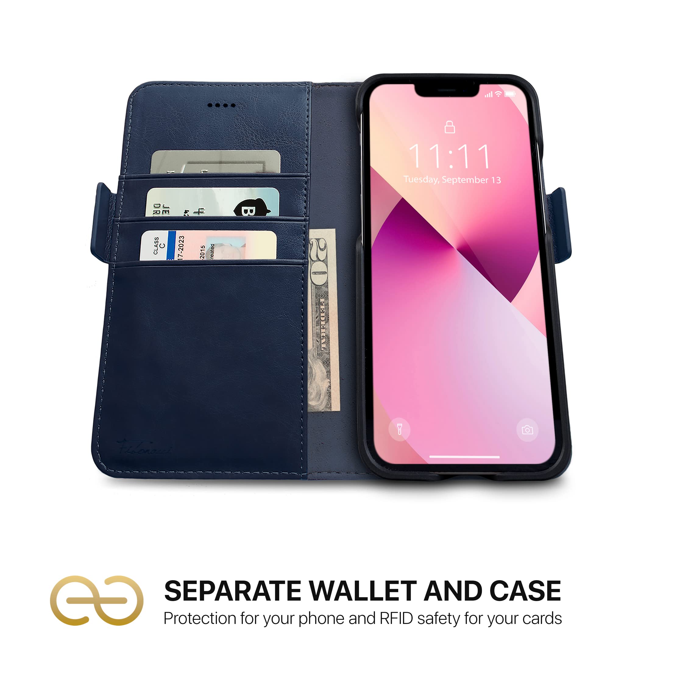 Dreem Fibonacci Wallet Case for iPhone 13 | 2-in-1 Detachable Vegan Leather Cover with Built-in Kick-Stand, RFID Blocking Card Holder, MagSafe Compatible [Royal]