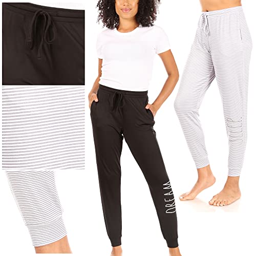 Rae Dunn Women's Sleepwear, Sleep & Dream 2-Pack Pajama Joggers for Women with Pockets, Pajama Pants for Women, Light Gray and Black, Large