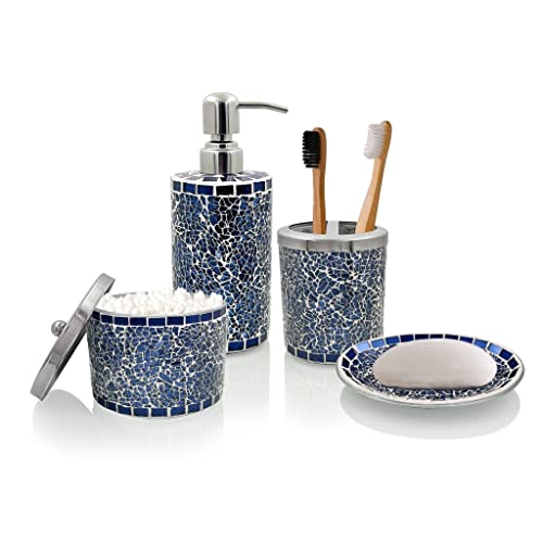 LushAccents Bathroom Accessories Set, 5-Piece Decorative Glass Bathroom Accessories Set, Soap Dispenser, Soap Tray, Vanity Tray, Jar, Toothbrush Holder, Elegant Midnight Blue Mosaic Glass