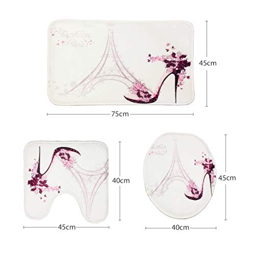Amagical Paris Eiffel Tower Decor 16 Piece Bathroom Mat Rug Set Shower Curtain Set High Heeled Shoes and Pink Flower in Paris Pattern Bath Mat + Contour Mat + Toilet Cover + Shower Curtain + 12 Hooks