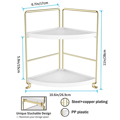 FSyueyun 2-Tier Corner Bathroom Countertop Organizer, Kitchen Spice Rack Makeup Storage Shelf Vanity Bedroom Storage Tray (Gold)