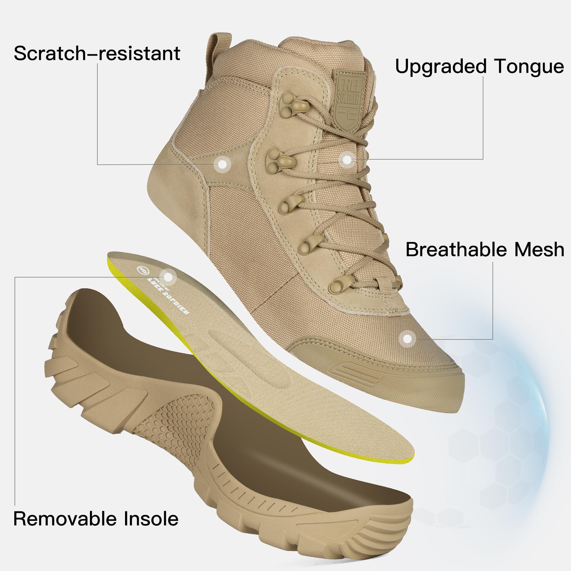 FREE SOLDIER Men's Waterproof Hiking Boots Tactical Work Boots Outdoor Lightweight Military Boots(Tan, US 10.5W)