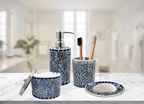 LushAccents Bathroom Accessories Set, 5-Piece Decorative Glass Bathroom Accessories Set, Soap Dispenser, Soap Tray, Vanity Tray, Jar, Toothbrush Holder, Elegant Midnight Blue Mosaic Glass