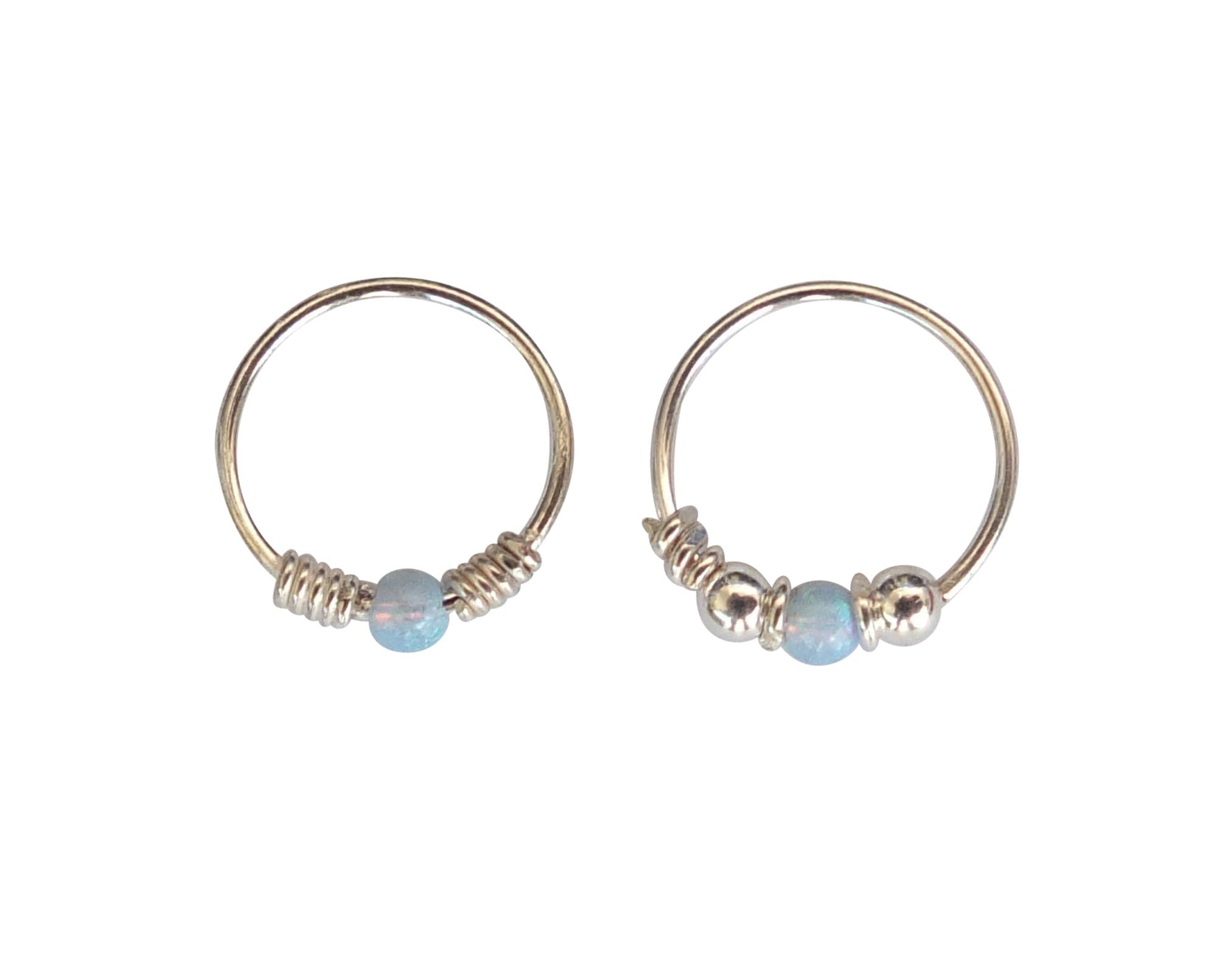 Handmade Silver 2Pcs 9MM Nose Ring Cartilage Helix Piercing Hoops with 2mm Blue Opal, 925 Sterling Silver Tiny 9MM Thin 22Gauge Hoop for women, by MiYa Jewelry