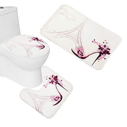 Amagical Paris Eiffel Tower Decor 16 Piece Bathroom Mat Rug Set Shower Curtain Set High Heeled Shoes and Pink Flower in Paris Pattern Bath Mat + Contour Mat + Toilet Cover + Shower Curtain + 12 Hooks