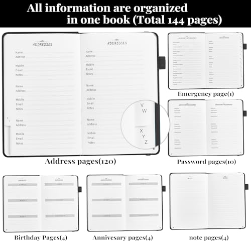JUBTIC Address book with Alphabetical Tabs, Hardcover Password Keeper and Telephone Book Address Organizer Record Contacts, Internet Login Address Log book Journal Notebook for Home or Office-Black