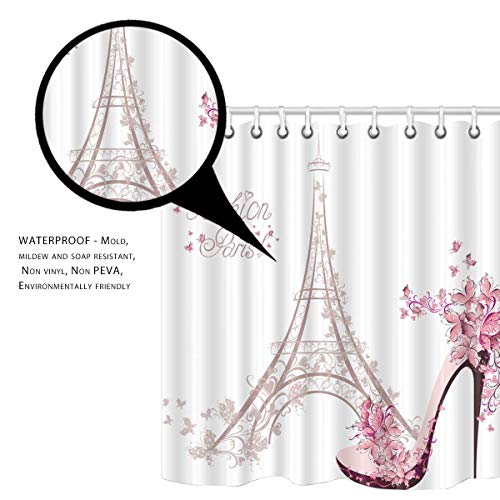 Amagical Paris Eiffel Tower Decor 16 Piece Bathroom Mat Rug Set Shower Curtain Set High Heeled Shoes and Pink Flower in Paris Pattern Bath Mat + Contour Mat + Toilet Cover + Shower Curtain + 12 Hooks
