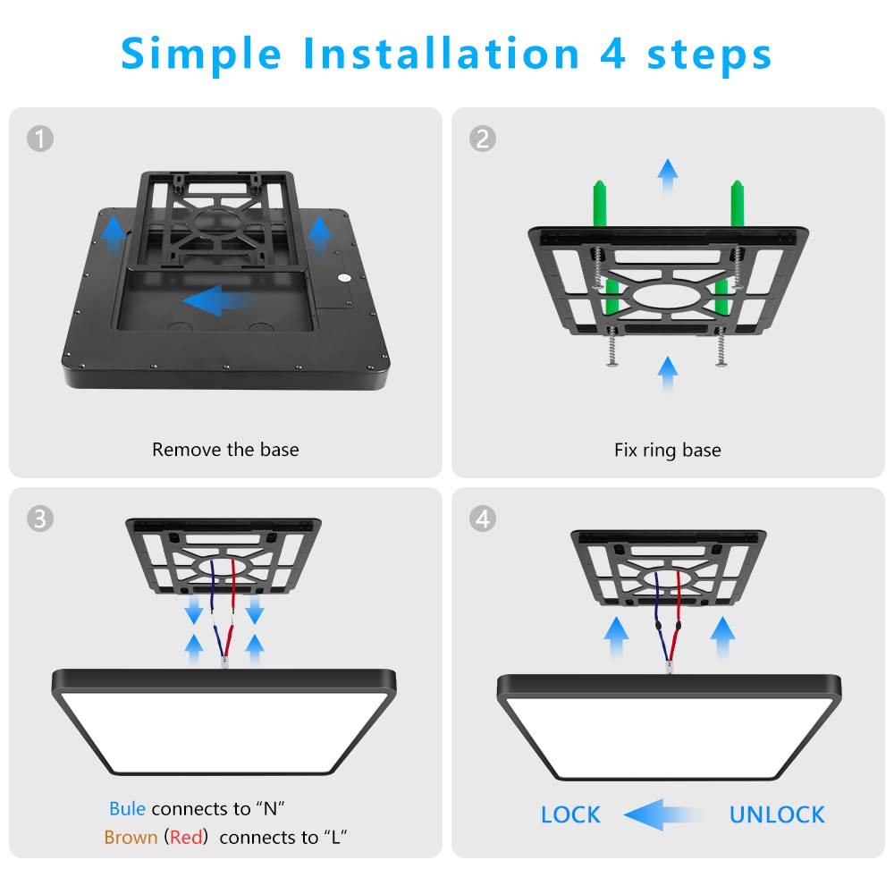 12Inch 24W Square LED Ceiling Light Fixtures Flush Mount, 5000K Daylight White LED Ceiling Lamp, Surface Mount Modern Ceiling Lights, Black Slim Flat Panel Lighting for Bedroom, Kitchen, Bathroom Etc