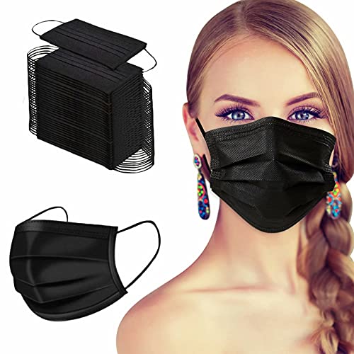 100 Pcs Black Disposable Face Masks - Adults Protective Masks, 3 Ply Breathable Non-Woven Face Mask
