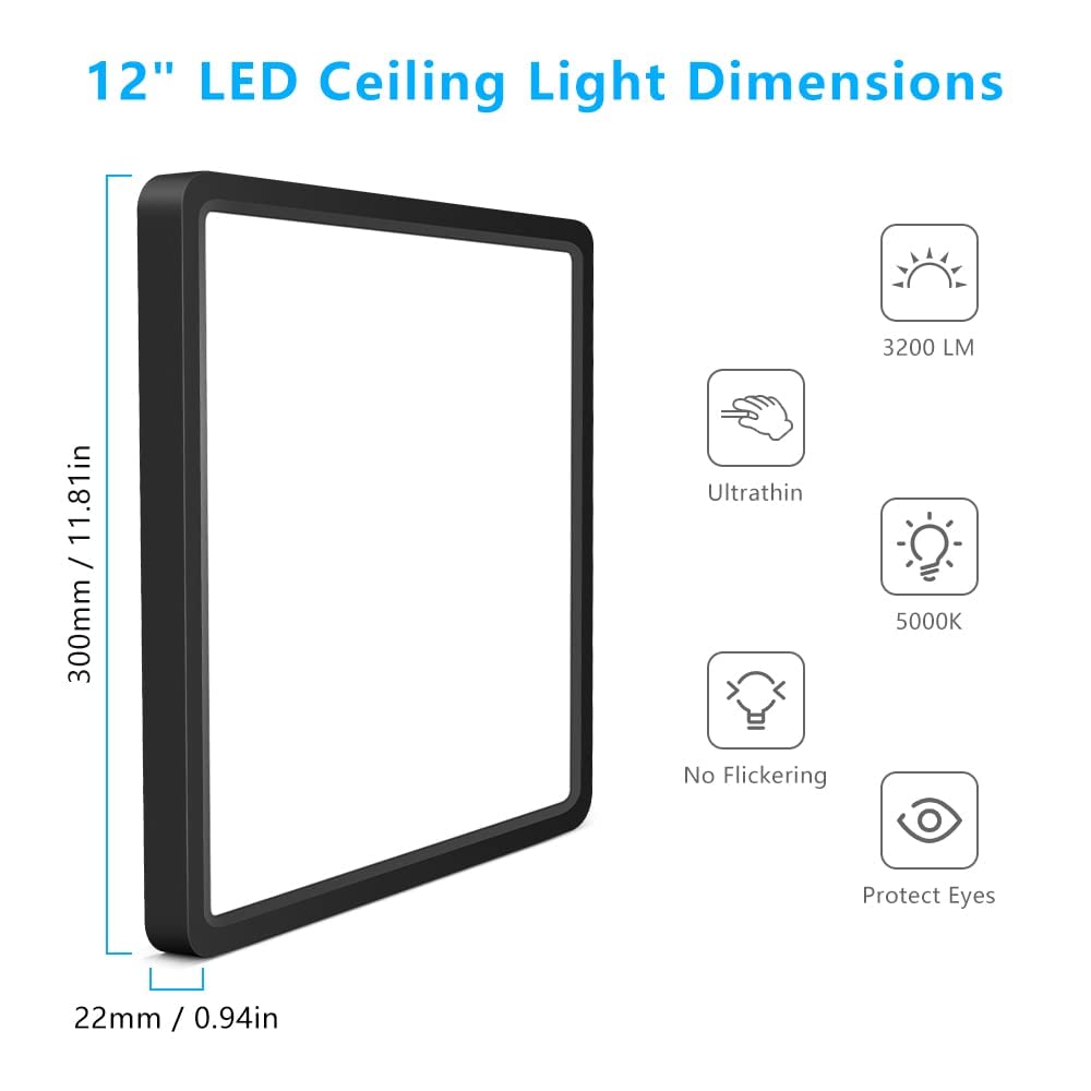 12Inch 24W Square LED Ceiling Light Fixtures Flush Mount, 5000K Daylight White LED Ceiling Lamp, Surface Mount Modern Ceiling Lights, Black Slim Flat Panel Lighting for Bedroom, Kitchen, Bathroom Etc