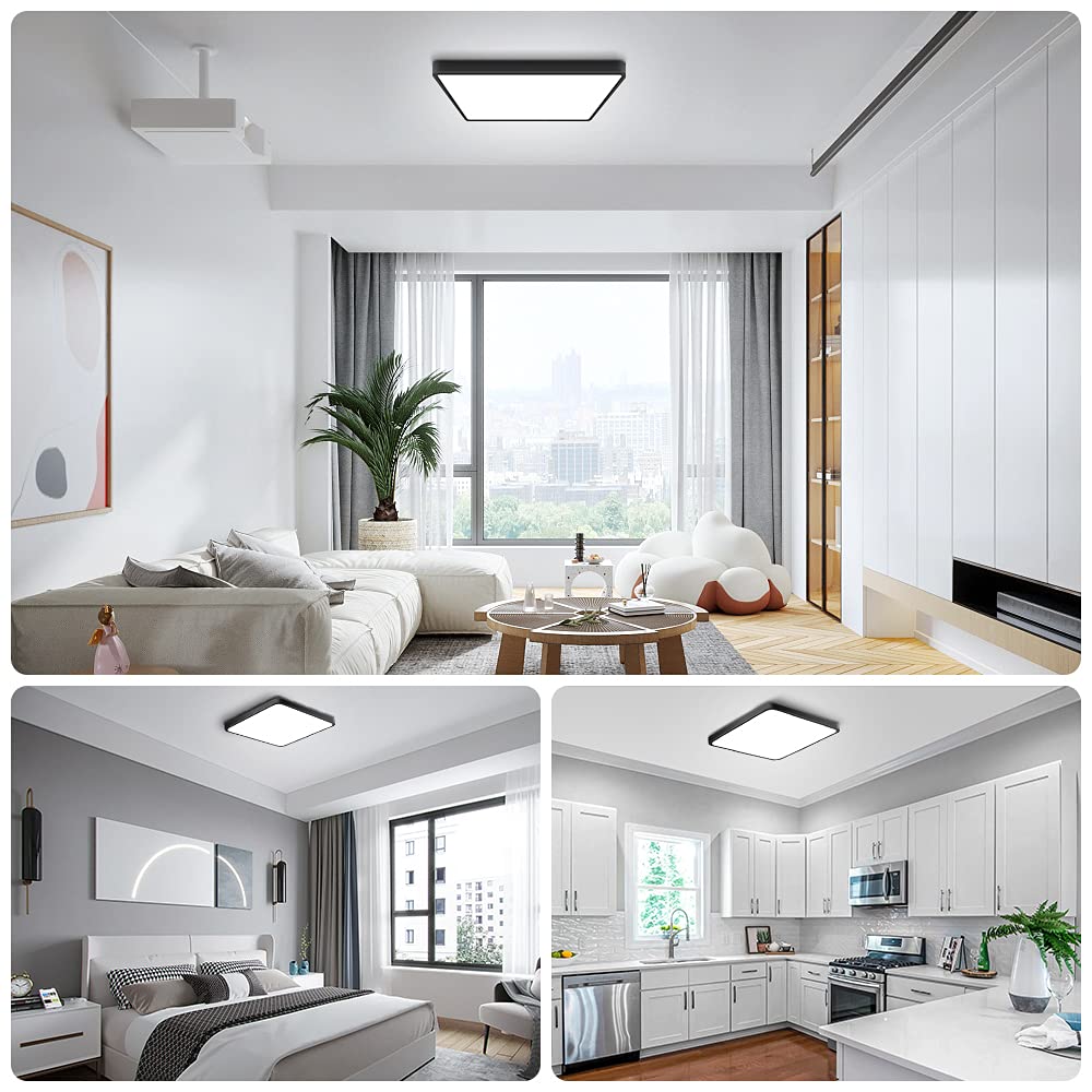 12Inch 24W Square LED Ceiling Light Fixtures Flush Mount, 5000K Daylight White LED Ceiling Lamp, Surface Mount Modern Ceiling Lights, Black Slim Flat Panel Lighting for Bedroom, Kitchen, Bathroom Etc