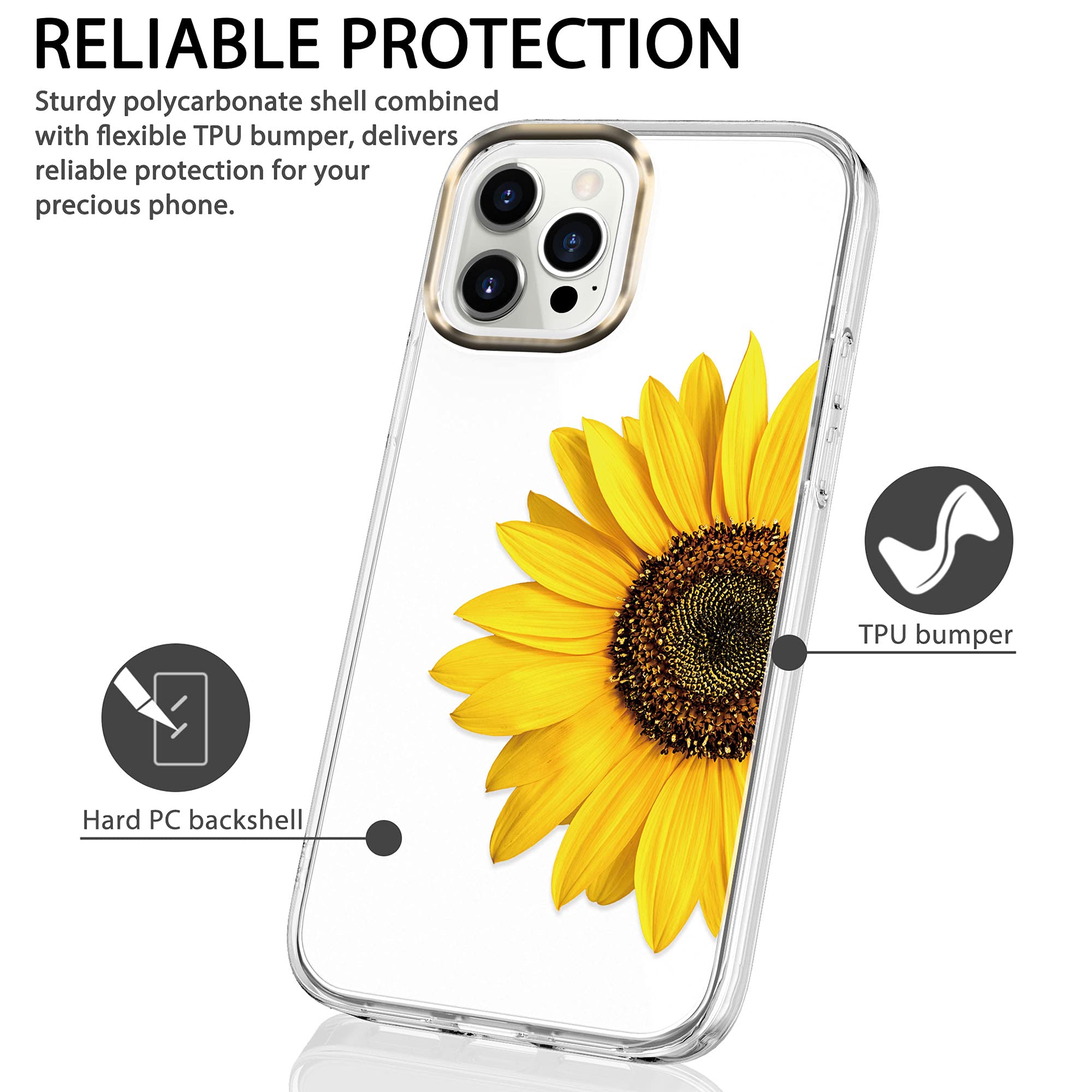 BAISRKE Compatible with iPhone 13 Pro Max Case,Clear Case with Flowers,for Girly Women,Shockproof Floral Pattern Hard Back Cover for iPhone 13 Pro Max Case 6.7 inch 2021 - Yellow Sunflower