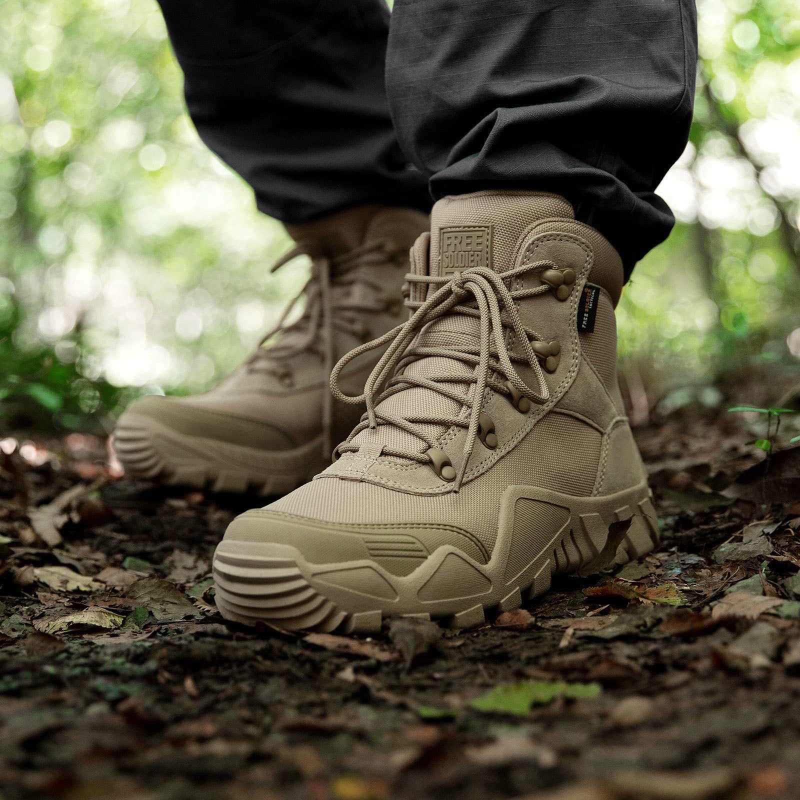 FREE SOLDIER Men's Waterproof Hiking Boots Tactical Work Boots Outdoor Lightweight Military Boots(Tan, US 10.5W)