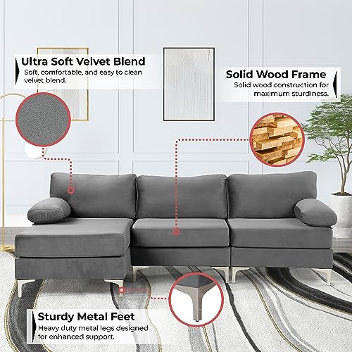 Casa Andrea Milano llc Modern Large Velvet Fabric Sectional Sofa L Shape Couch with Extra Wide Chaise Lounge