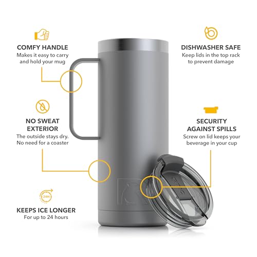 RTIC 20 oz Coffee Travel Mug with Lid and Handle, Stainless Steel Vacuum-Insulated Mugs, Leak, Spill Proof, Hot Beverage and Cold, Portable Thermal Tumbler Cup for Car, Camping, Graphite