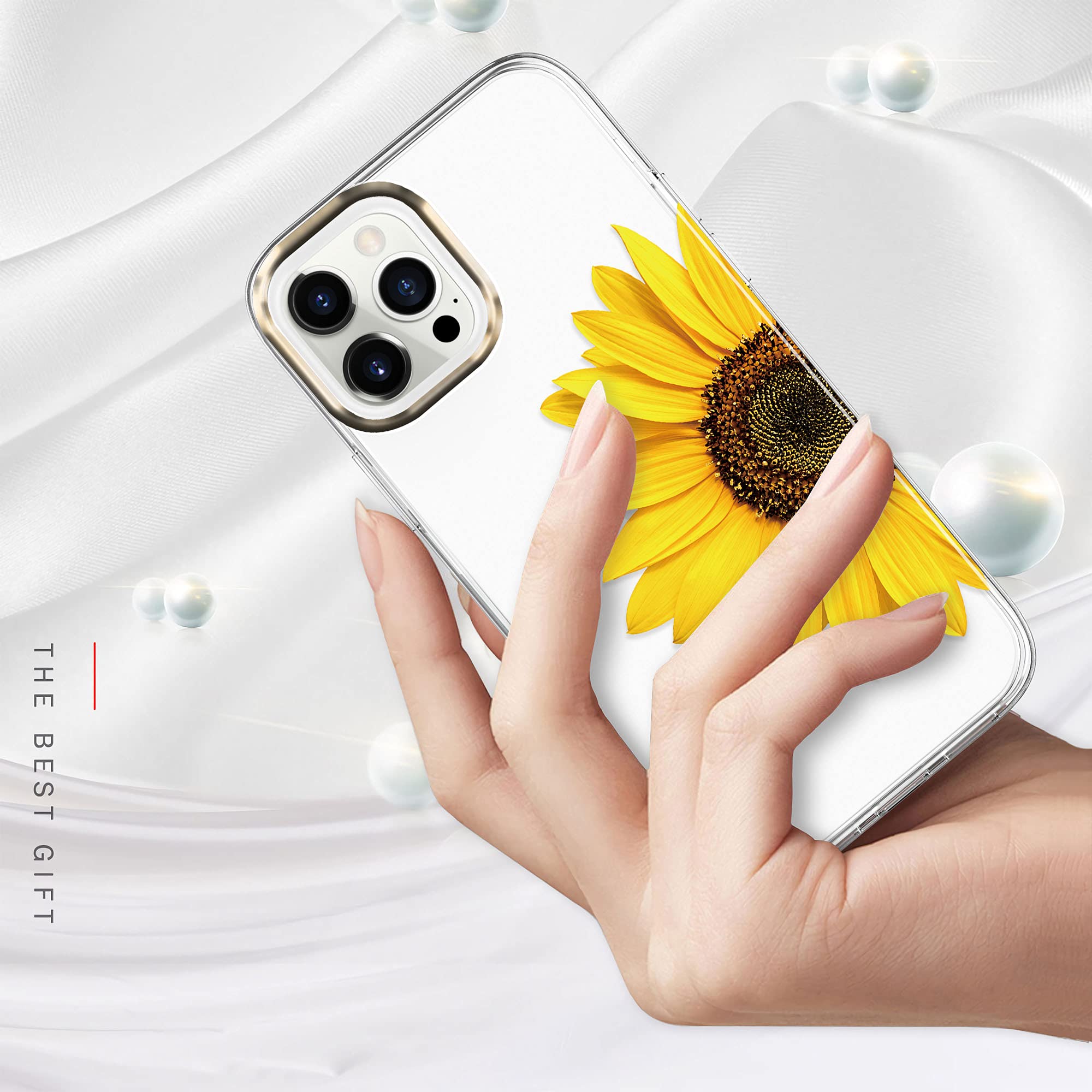 BAISRKE Compatible with iPhone 13 Pro Max Case,Clear Case with Flowers,for Girly Women,Shockproof Floral Pattern Hard Back Cover for iPhone 13 Pro Max Case 6.7 inch 2021 - Yellow Sunflower