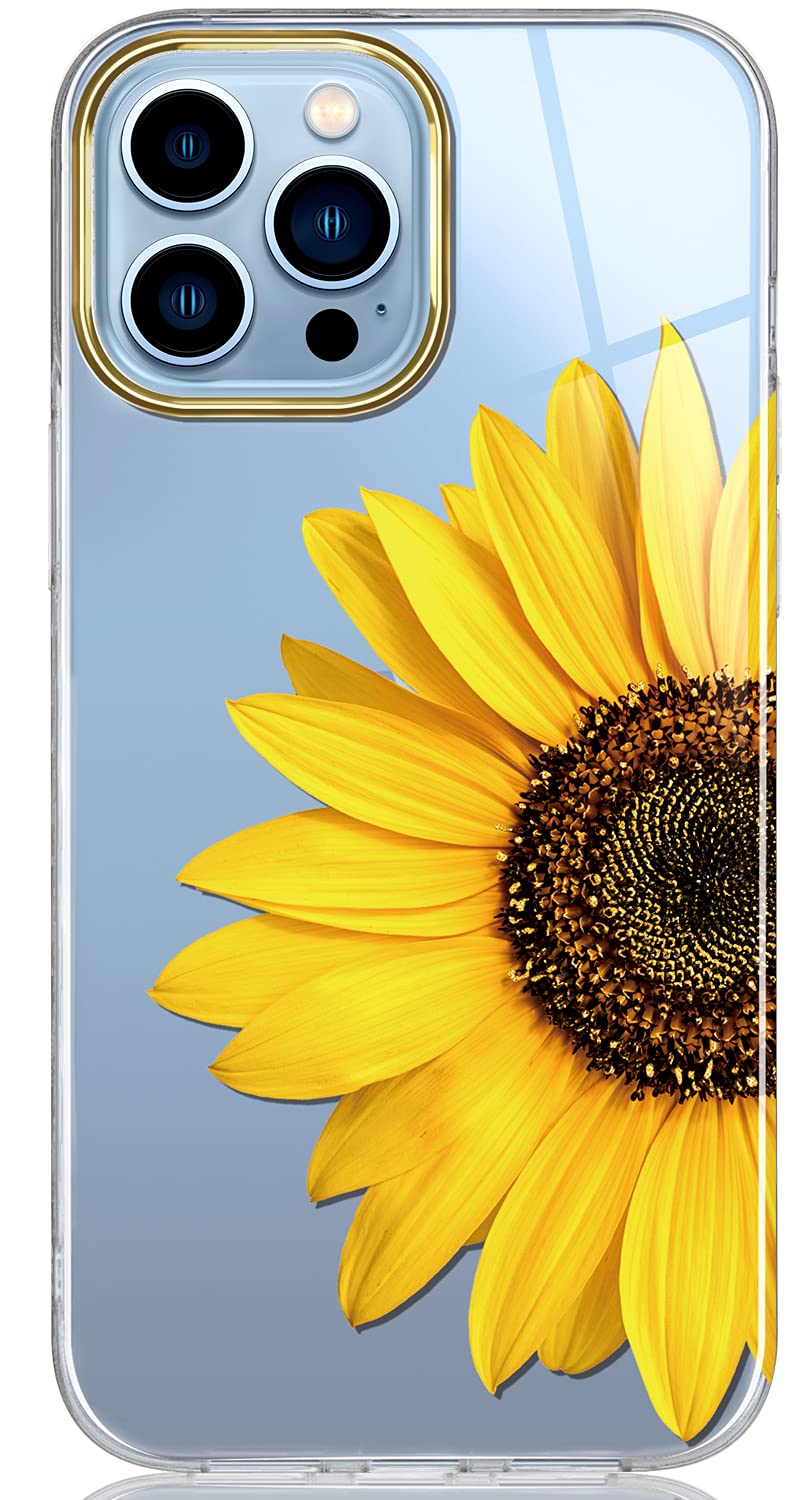 BAISRKE Compatible with iPhone 13 Pro Max Case,Clear Case with Flowers,for Girly Women,Shockproof Floral Pattern Hard Back Cover for iPhone 13 Pro Max Case 6.7 inch 2021 - Yellow Sunflower