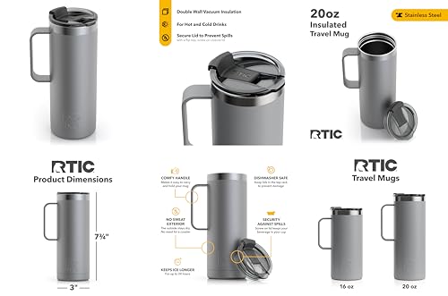 RTIC 20 oz Coffee Travel Mug with Lid and Handle, Stainless Steel Vacuum-Insulated Mugs, Leak, Spill Proof, Hot Beverage and Cold, Portable Thermal Tumbler Cup for Car, Camping, Graphite
