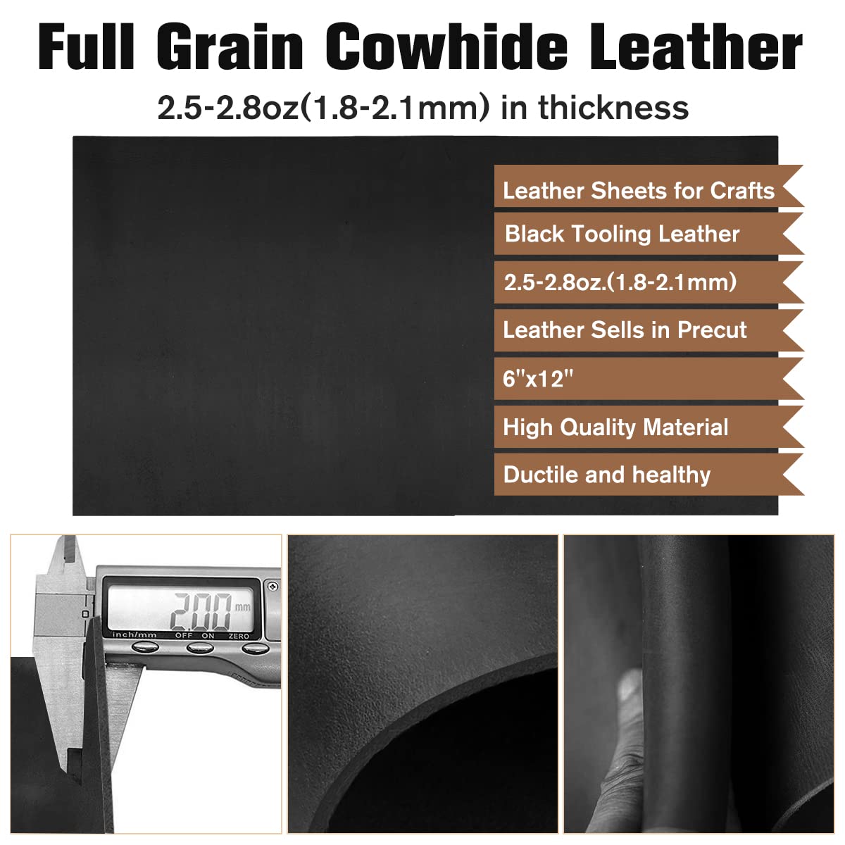 Black Leather Sheets for Crafts Tooling Leather Square 1.8-2.1mm Thick Full Grain Leather Pieces Genuine Cowhide Leather for Crafts Sewing Hobby Workshop 6"x12"