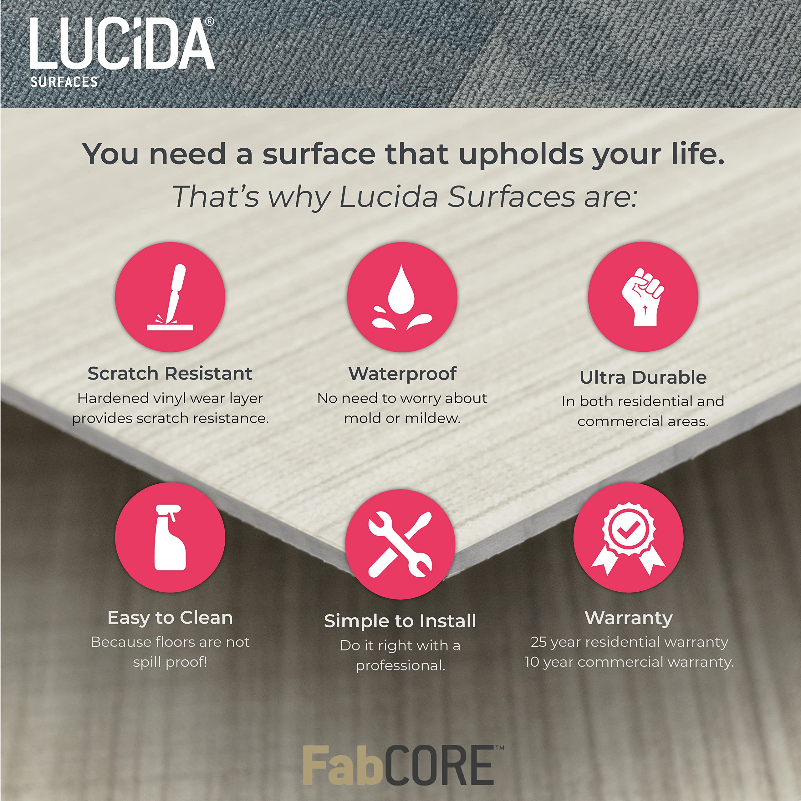 Lucida Surfaces Luxury Vinyl Floor Tiles | Glue Down Adhesive Flooring | Textured Look Plank | FabCore End Grain Blocks | Single Sample Tile
