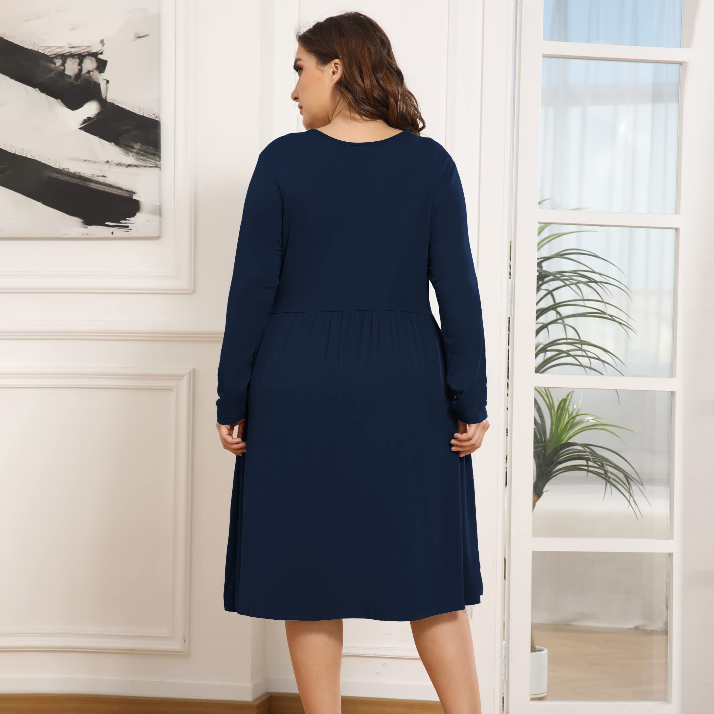 POSESHE Women's Plus Size Casual Long Sleeve Navy Blue Dresses Soft Stretchy Swing Sunflower Home Dress,Navy Blue,L