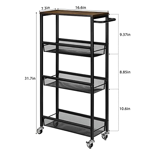4 Tier Slim Rolling Cart, Narrow Shelf Storage Cart for Small Space, Slide Out Narrow Cart with Wooden Top, Metal Handle and Wire Mesh for Narrow Space on Kitchen, Bathroom, Laundry Room, Black.