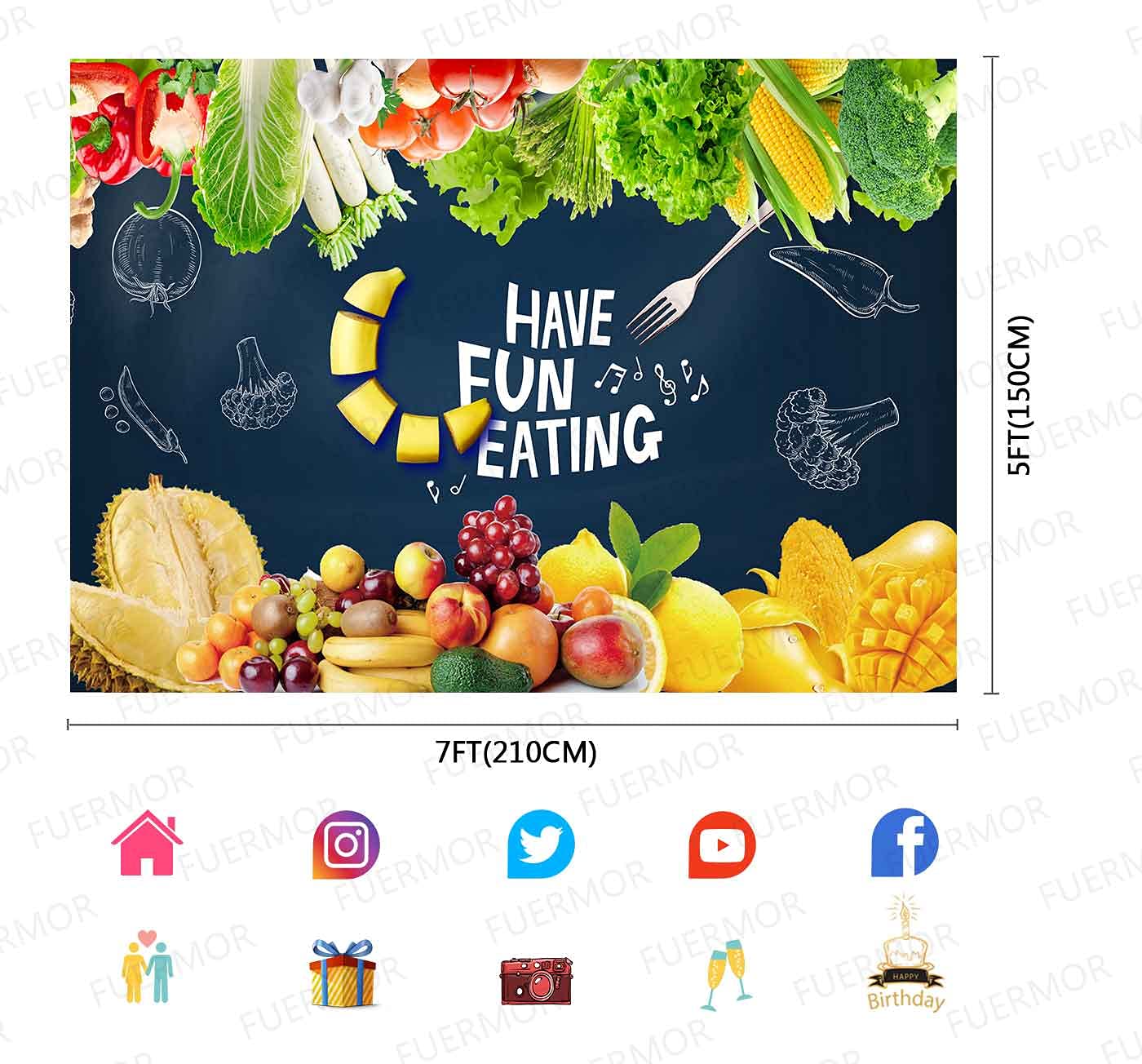 FUERMOR 7x5ft Fruit and Vegetable Theme Backdrop Have Fun Eating Family Gathering Party Decoration Banner Backdrops for Photography BJCJFU22