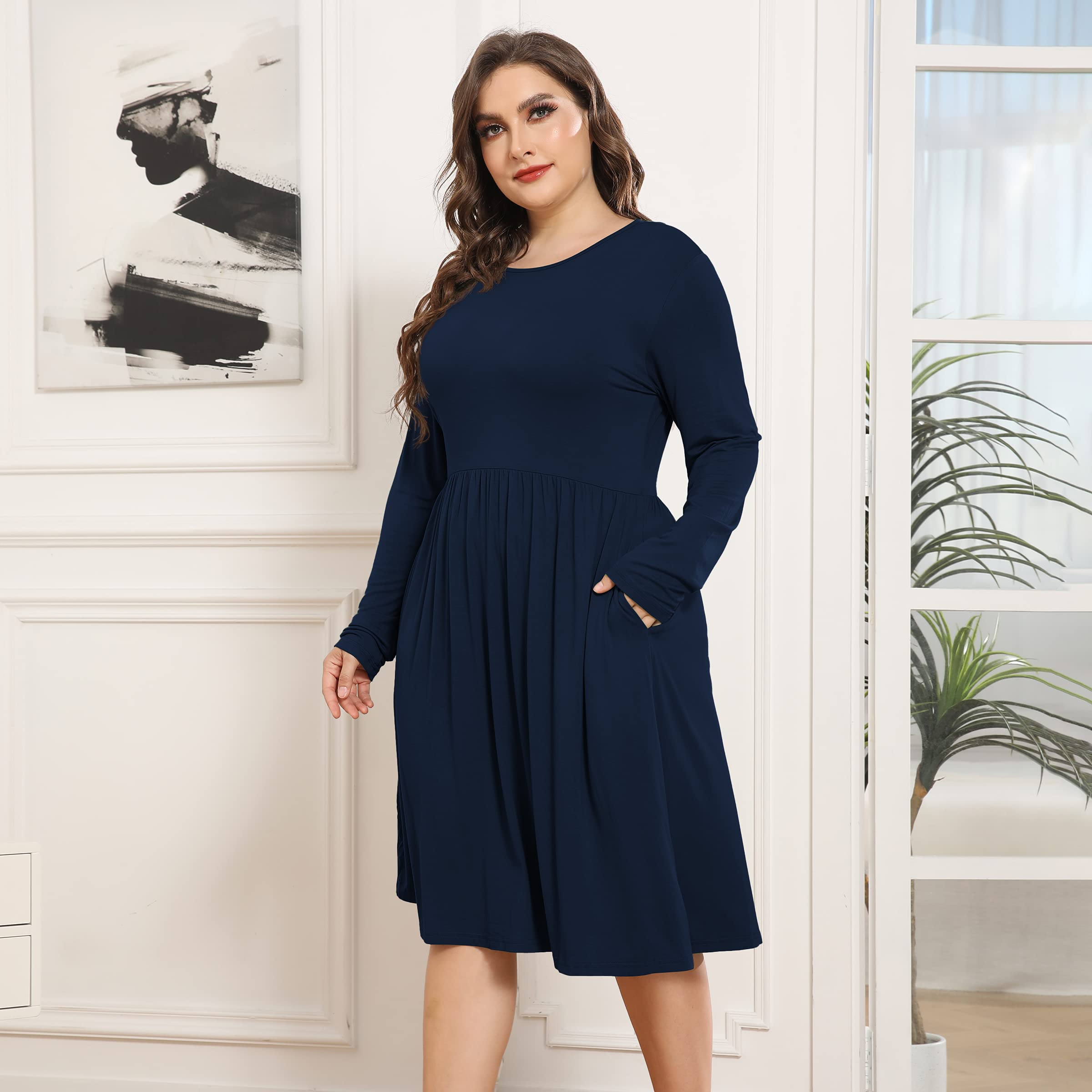 POSESHE Women's Plus Size Casual Long Sleeve Navy Blue Dresses Soft Stretchy Swing Sunflower Home Dress,Navy Blue,L