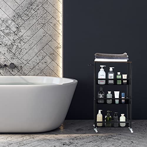4 Tier Slim Rolling Cart, Narrow Shelf Storage Cart for Small Space, Slide Out Narrow Cart with Wooden Top, Metal Handle and Wire Mesh for Narrow Space on Kitchen, Bathroom, Laundry Room, Black.