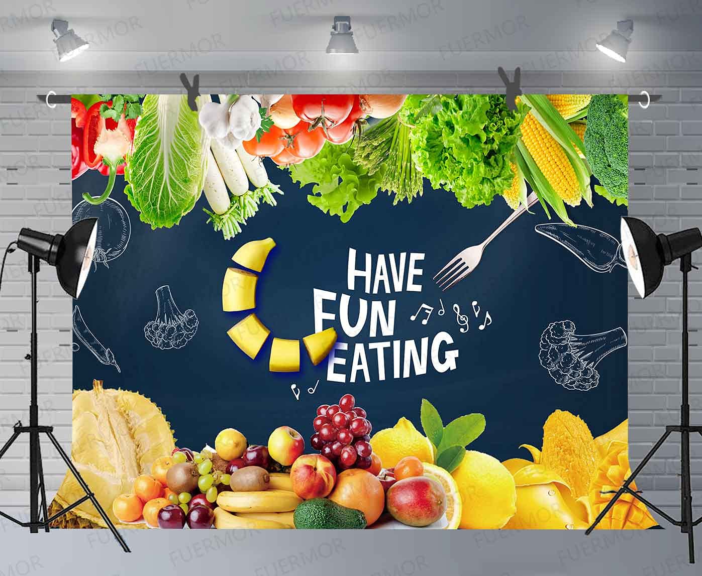 FUERMOR 7x5ft Fruit and Vegetable Theme Backdrop Have Fun Eating Family Gathering Party Decoration Banner Backdrops for Photography BJCJFU22