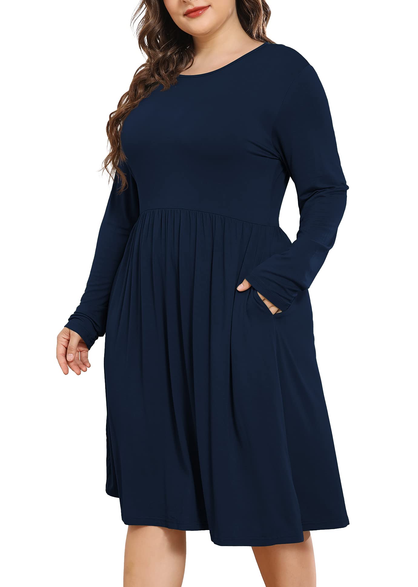 POSESHE Women's Plus Size Casual Long Sleeve Navy Blue Dresses Soft Stretchy Swing Sunflower Home Dress,Navy Blue,L