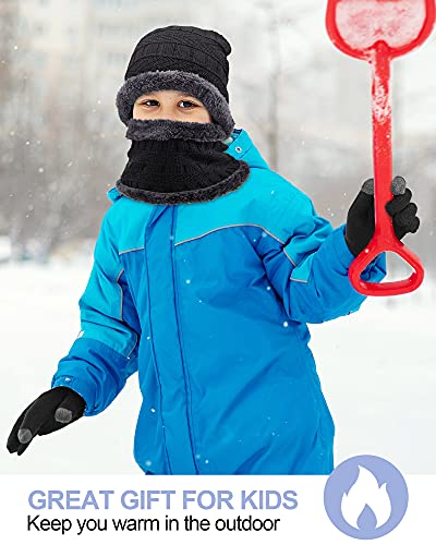 6 Pieces Kids Winter Hat Glove Scarf Sets Knitted Toddler Cap Beanie Touchscreen Mitten Neck Warmer for Boys Girls 5-14 Years (Grey, Black)