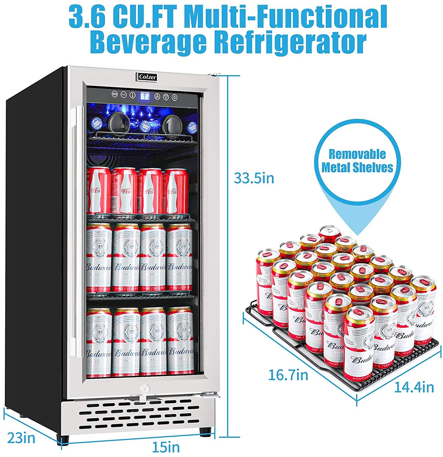 COLZER 15 inch Beverage Refrigerator with Glass Door 126 Cans Mini Beverage Cooler Under Counter Freestanding Built in Centre Garage Fridge with Lock for Drink Beer Soda Wine Water
